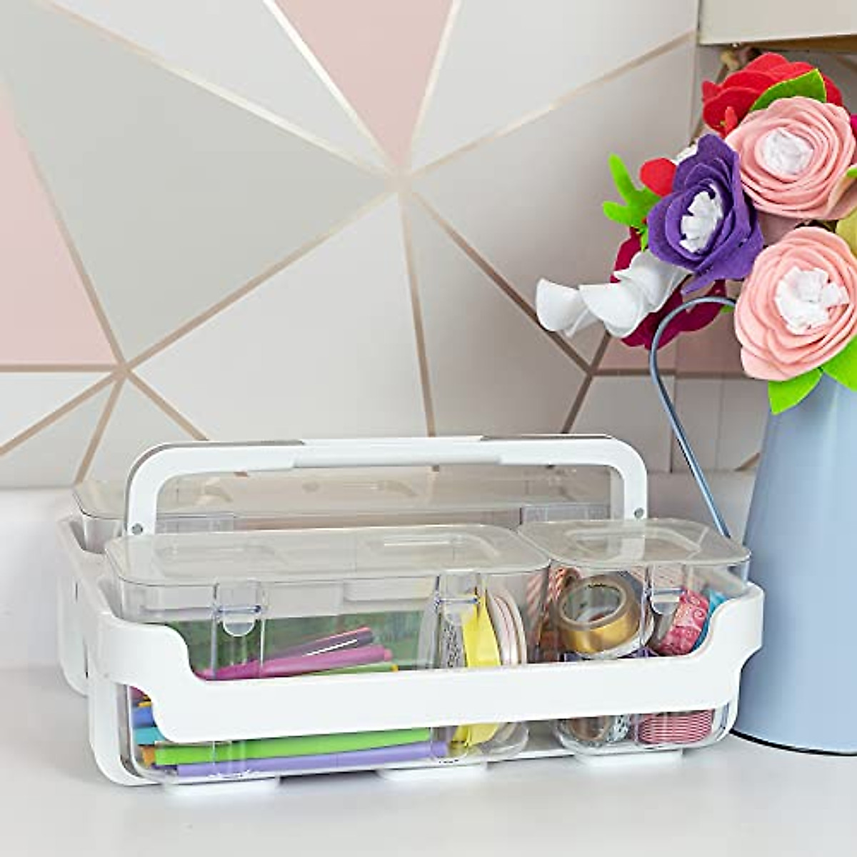Deflecto Caddy Organizer, Stackable with Three Compartments, White and Clear (29003CR)