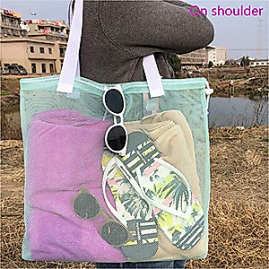hsmyank Reusable 4Pack Colorful Mesh Beach Tote Bags,Pool Bag With Drawstring For Swim,Gift Or Laundry(WHITE HANDLE)