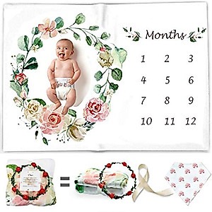 Baby Monthly Milestone Blanket for Girl & Boy - Floral Plush Fleece for Baby Photo – Baby Shower/Registry Gift – Baby Safe Soft Wrinkle Free - Swaddle and Throw - Bonus Wreath + Organic Cotton Bib