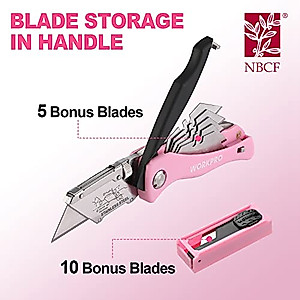 WORKPRO Folding Utility Knife, Quick Change Box Cutter, Pink Razor Knife for Cartons, Cardboard, Boxes with Blade Storage Design, Extra 15 Blades Included - Pink Ribbon