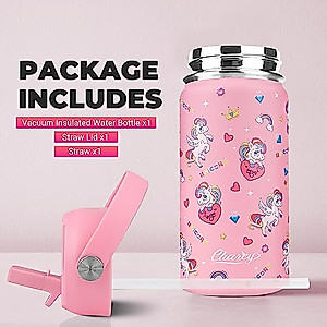 Charcy 12 oz Insulated Water Bottle for Kids, Portable Sports Water Cup Flask with Handle, Travel Thermos Mug, Pink adjustable lid - Pink Unicorn