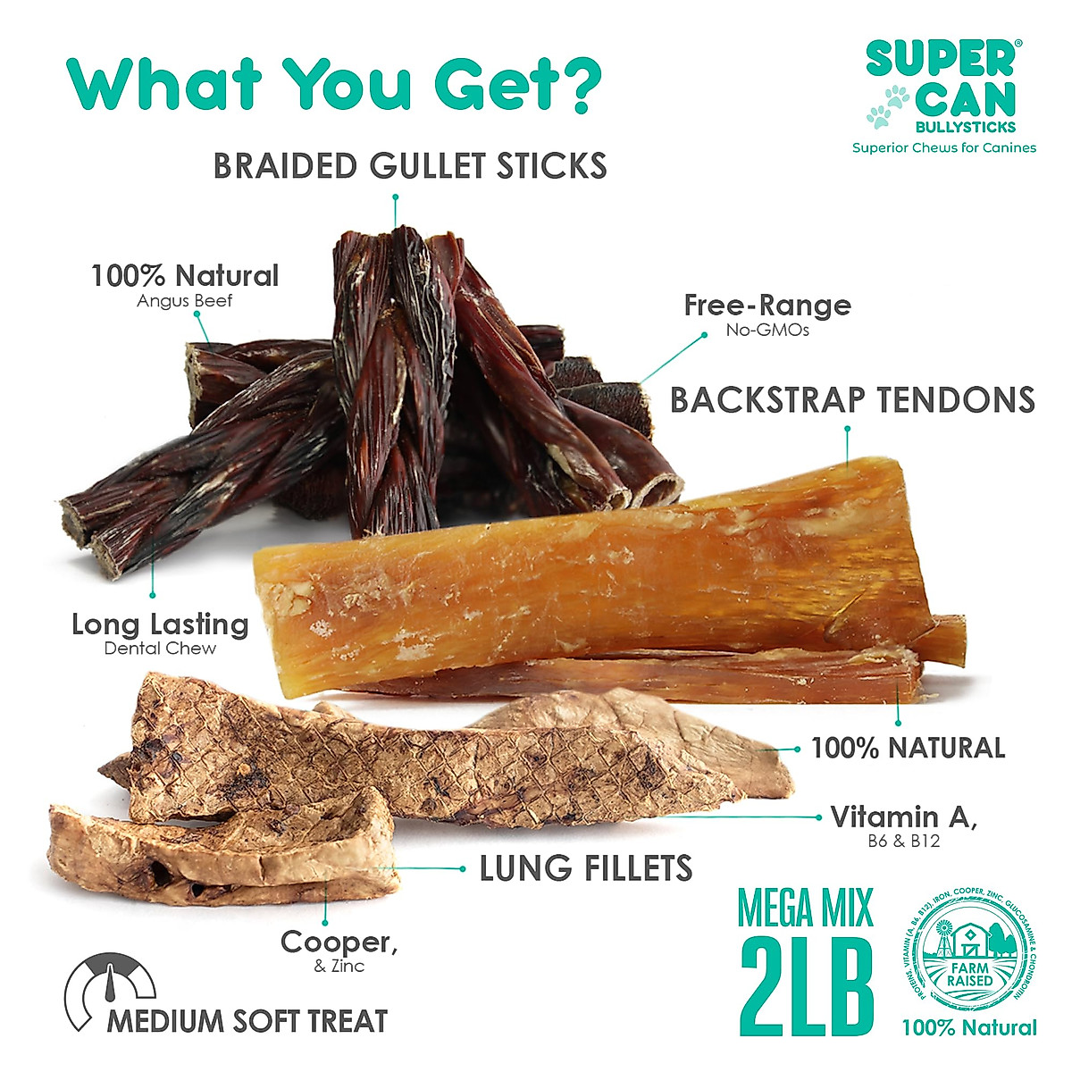 SUPER CAN BULLYSTICKS 2lb Mega Mix Natural Dog Chews Variety - Pig Ears, Cow Ears, Beef Lung, Liver, Trachea - Healthy Treats Small Medium Large Dogs - Long Lasting Bully & Gullet Sticks