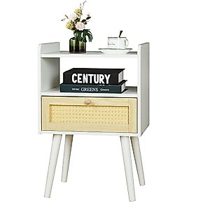 RKVPCNE Rattan Nightstand Night Stands Bedside Table, Boho Nightstands Natural Wood Nightstand End Tables with Solid Wood Legs & Drawer, Open Storage Shelf Side Tables Bedroom Small Space, White