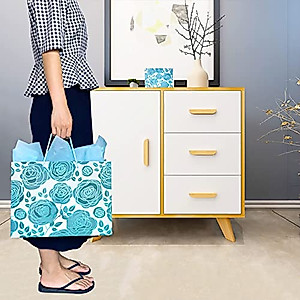 Rose Blue Large Gift Bag with Gift Card, Blue Tissue Paper, Envelope, and Sticker, for Parties, Birthdays, Mother's Day, Weddings, Retirements, Anniversaries, Any Occasion-Hot Stamping Blue Design