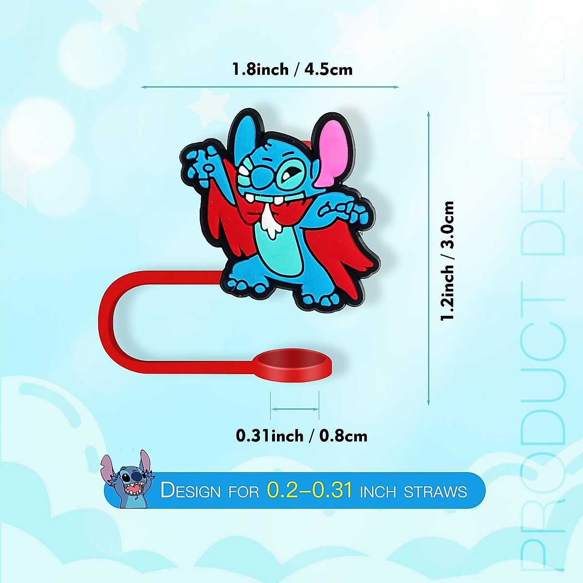 Straw Cover Cap for Cup, 8mm Reusable Straw Topper for 30&40 Oz Tumbler, Cartoon Straw Tip Covers for Cups Accessories (Blue)