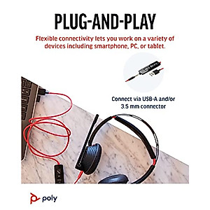 Poly Blackwire 5220 USB-A Wired Headset (Plantronics) - Flexible Noise-Canceling Boom Mic - Ergonomic Design - Connect to PC/Mac, Mobile via USB-A or 3.5 mm - Works w/Teams, Zoom - Amazon Exclusive