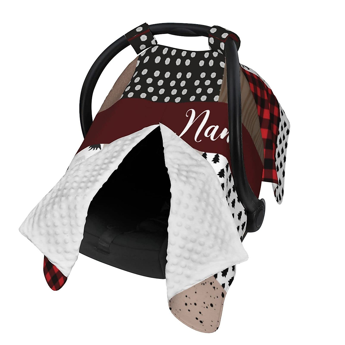 Personalized Baby Car Seat Canopy with Name, Custom Name Car Seat Covers for Boys Girls, Opening Minky Nursing Breastfeeding Stroller Cover Infant Carseat Canopies for Newborn (Woodland Bear Red)