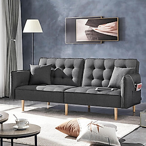 Yaheetech 78” Convertible Sofa Bed with USB Ports Sleeper Couch Futon Daybed Sofa for Living Room Adjustable Loveseat Linen Fabric, Dark Gray