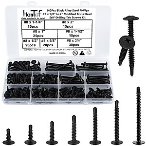 HanTof M3 Flat Head Small Wood Screws Assortment Fasteners Kit 480Pcs, 9 Types 3mm Diameter Phillips Drive Countersunk Head Self-Tapping Screws for Plastic,Wood and Soft Metal.Black Oxide Carbon Steel