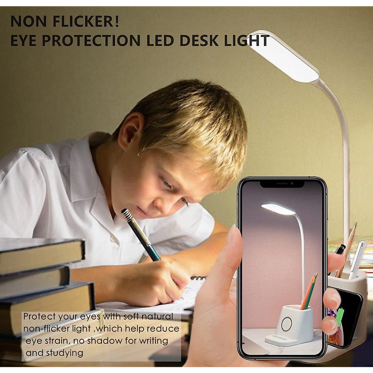 Small Desk Lamp with Wireless Charger, Desk Lights for Home Office - LED, White,Brightness Adjustment, 3 Color Modes,500LM, Study Lamp with Pen Holder， Desktop Study Desk Lamp for College Dorm Room