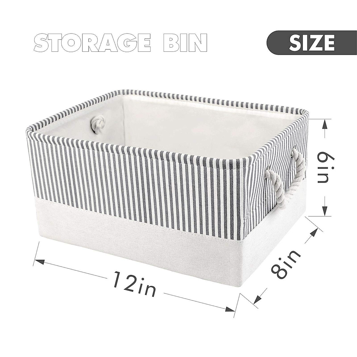 ANMINY 3PCS Storage Baskets Set Large Foldable Canvas Stripe Storage Bin Box with Cotton Rope Handles Decorative Plush Toys Clothes Towel Laundry Shelf Organizer Containers - Small, Dark Gray