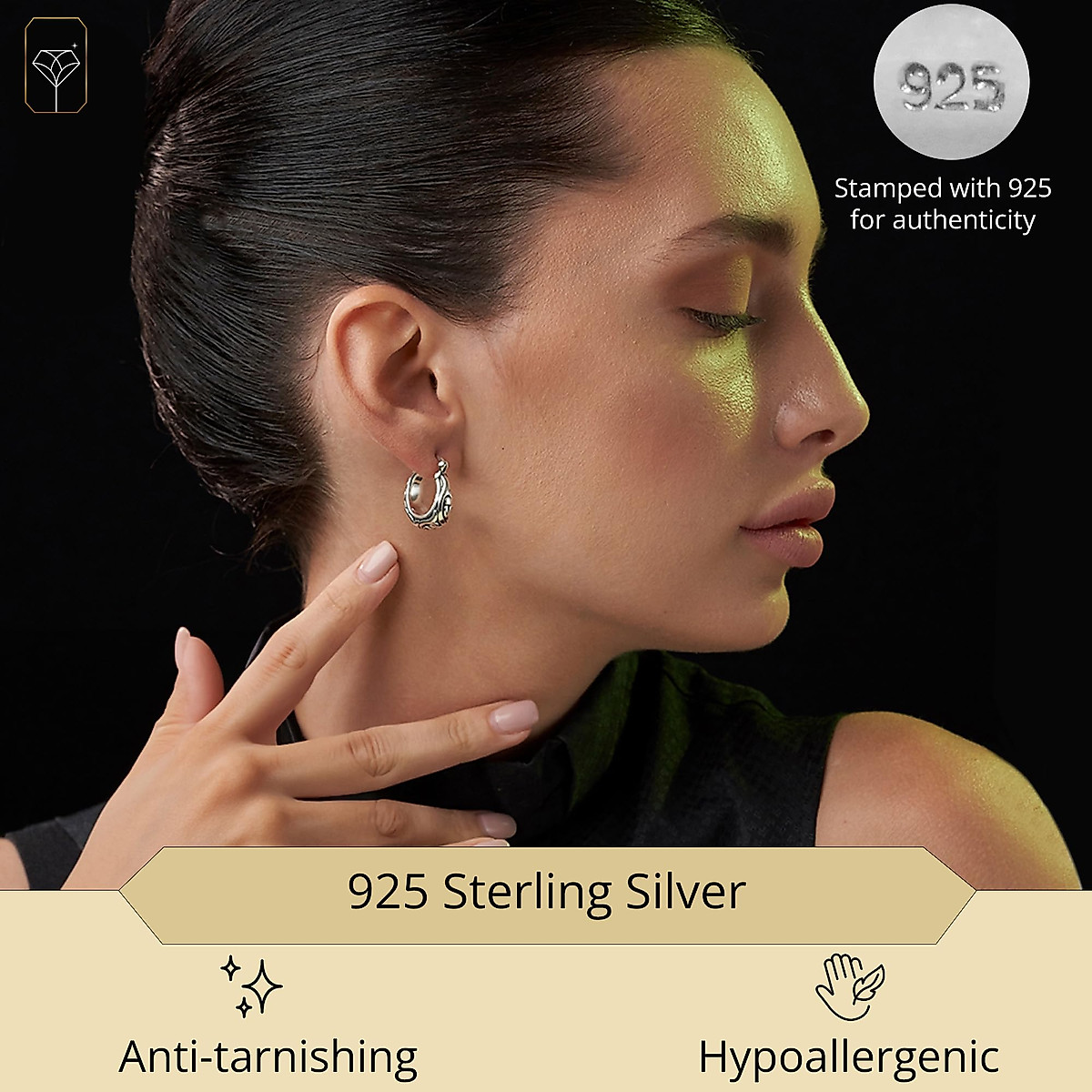 MAX + STONE 925 Sterling Silver Hoop Earrings for Women | Lightweight Chunky Oxidized Filigree Oval Thick