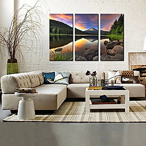 KREATIVE ARTS - 3 Panel Wall Art Mount Hood View from Trillium Lake Oregon USA Mountain Sunset Painting Print On Canvas Landscape Pictures For Home Decor Decoration Gift Piece