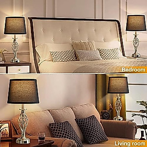 Table Lamp for Bedroom Set of 2 with USB C+A Ports, Brushed Nickel Bedside Lamps with Spiral Cage Base, Fabric Shade, Nightstand Lamp for Living Room Office Reading Bed Side End Table, Bulbs Included