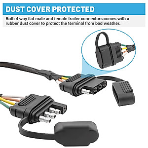 Oyviny 4 Pin Flat Trailer Extension 12 inch, Vehicle-Side and Trailer-Side 4 Way Connector with Rubber Dust Cover 16 AWG Pure Copper Wire Loom Tubing Protection, 4 Flat Trailer Wire Extension