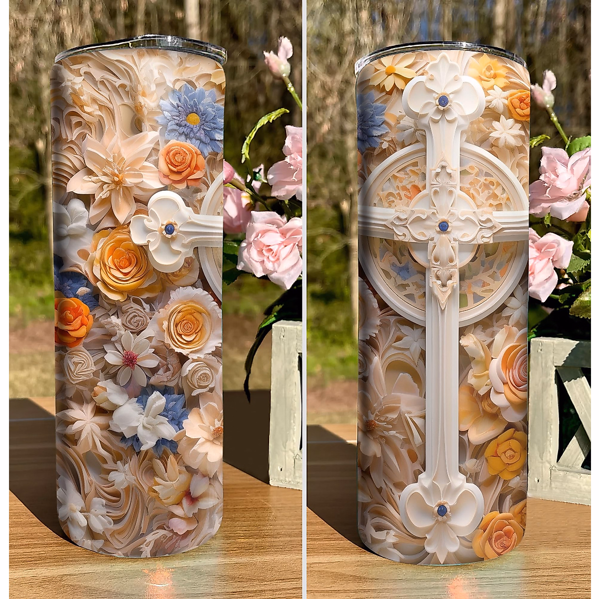 CERMELUS 3D Wrap Christian Cross 20oz Skinny Tumbler, Stainless Steel Double Wall Insulated Cup With Lid And Straw Multi, Bible Christian Tumbler, Gifts for Women, Men, Friends