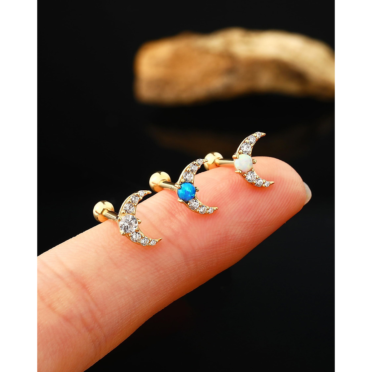 Jewseen 14K Gold Cartilage Earrings 16g Tragus Earring Moon Helix Rings Star Conch Piercing Lightning Cartilage Stud Body Jewelry