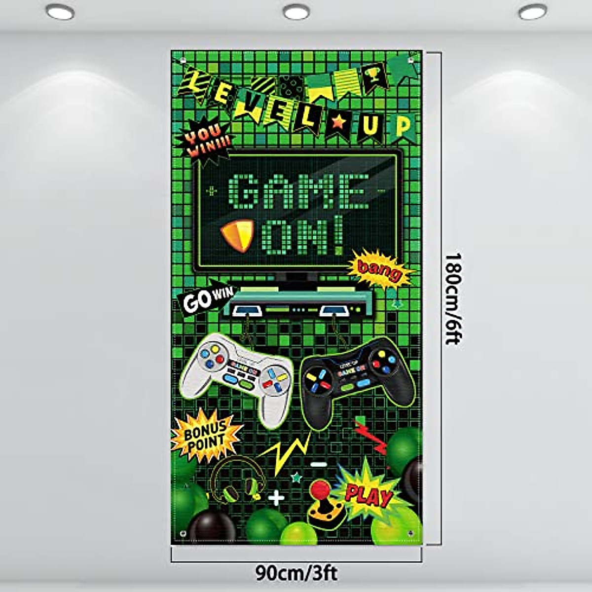 Video Game Party Decoration Video Gaming Photo Door Backdrop Game On Boys Birthday Photo Banner Gamer Room Decor for Game Fans Video Gamer Party Decoration Supplies, 6 x 3 Feet
