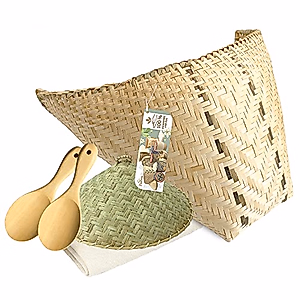 PANWA Thai Bamboo Satin Weave Sticky Rice Cooking Basket with 24’’ Round Reusable Cheesecloth and Wicker Lid and 2 Sticky Rice Paddle Wooden Spoons