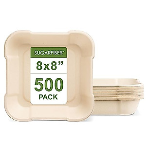 [500 COUNT]Harvest Pack 8" x 8" Compostable Disposable Food Trays, Eco-Friendly Square Serving Container Made From Plant Fibers Meal Prep Takeout Dinnerware Plates Catering