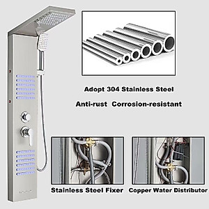 AlenArt Shower Panel Tower System LED Multi-Function Shower Tower Faucet Rainfall Waterfall Shower Head with Massage Jets Stainless Steel Wall Mount in Bathroom,Brushed Nickel
