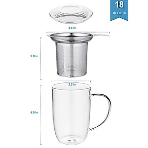 Enindel 3020.04 Glass Tea Mug with Infuser and Lid, Tea Cup, Clear, 18 OZ, GM004