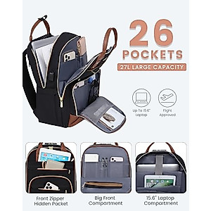 LOVEVOOK Laptop Backpack for Women, Large Capacity Travel Work Bags, Anti-theft Business Computer Backpacks Purse with 15.6 Inch Laptop Compartment, Casual Hiking Daypack, Black-Brown