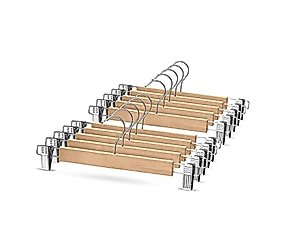 High-Grade Wooden Pants Hangers with Metal Clips Grip Clip Pants Hanger, Smooth Finish Solid Wood Jeans/Skirt Hanger, 360° Swivel Hook - Clip Hanger for Pant, Skirts, Slacks - 10 Pack, Natural