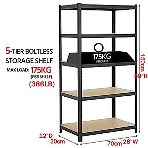 5-Tier Metal Shelving Unit Adjustable Garage Shed Storage Utility Rack Heavy Duty Shelves Multipurpose Shelf Warehouse Basement Kitchen Living Room Pantry 59" H x 28" W x 12" D, Black