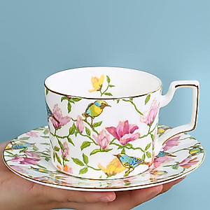 9 Ounces Teacup and Saucers Set Vintage Floral Tea Cups Set Bone China TeaCups Coffee Tea Cup for Tea Party Women Mom (White)