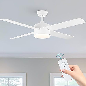 SNJ White Ceiling Fan with Light, 52" Ceiling Fans with Lights and Remote, Ceiling Fan for Indoor Bedroom, Dimmable, Quiet DC Motor, 4 Wooden Blades