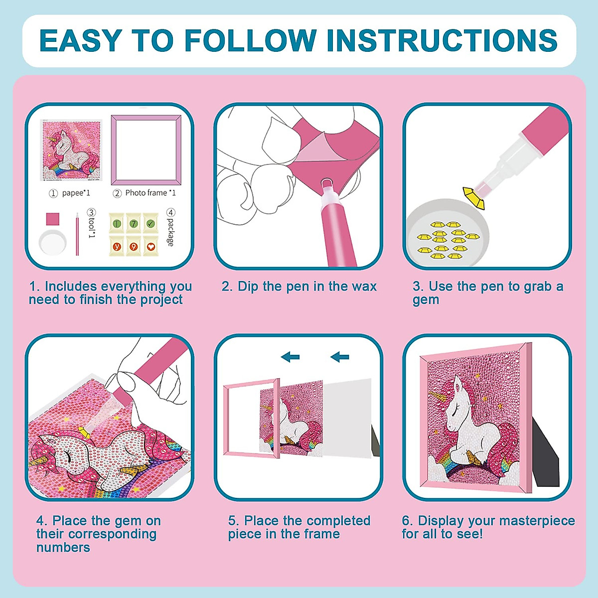 TOY Life 5D Diamond Gems Kits for Kids with Wooden Frame Diamond Arts and Crafts for Kids Ages 6 8 10 12 Gem Art Painting Kit Unicorn Diamond Dots Painting Kits for Kids Art Project