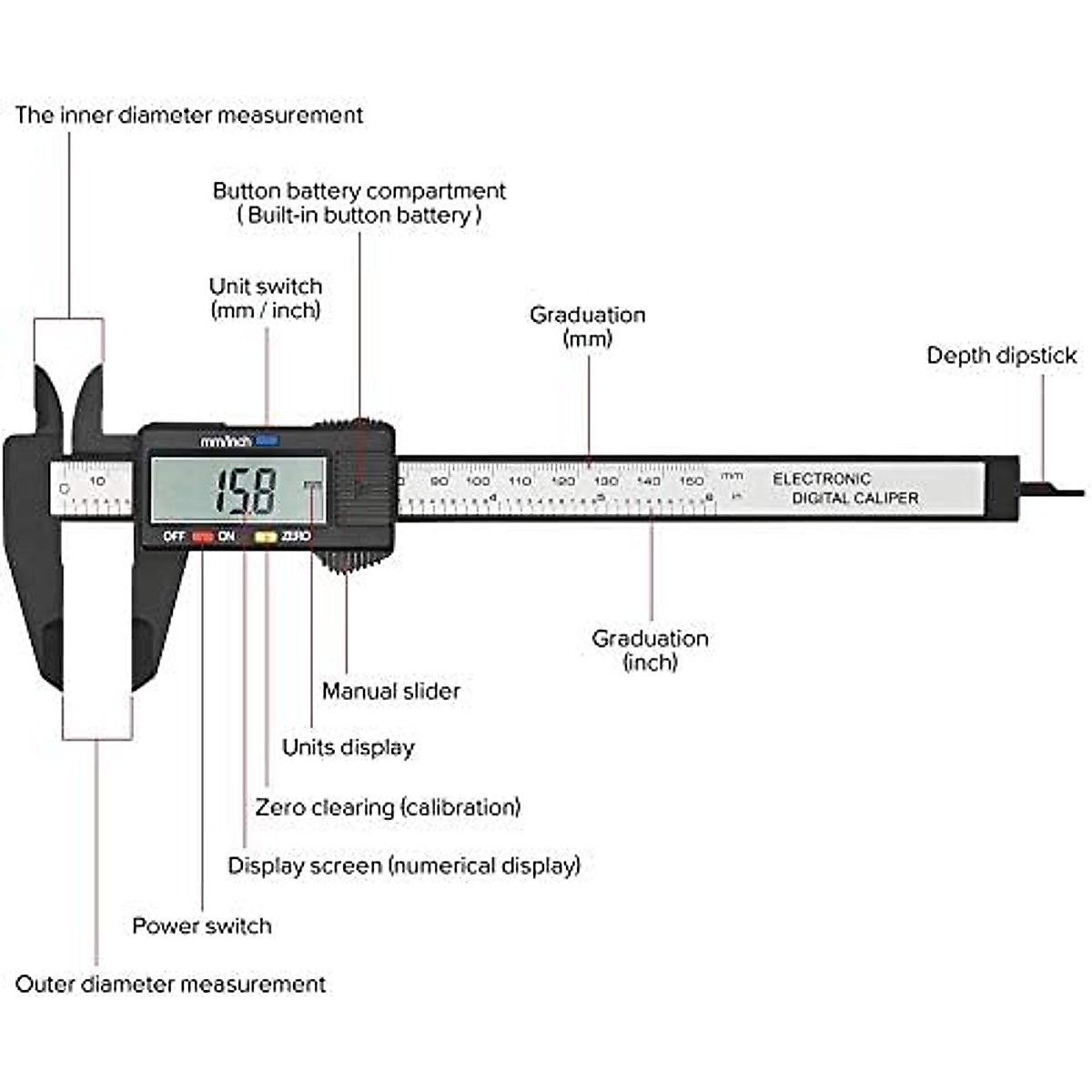Digital Calipers,Electronic Digital Calipers,YKLSXKC LCD Screen displays 0-6"Caliper Measuring Tool,inch and Millimeter Conversion, Suitable for Jewelry Measurement and 3D Printing