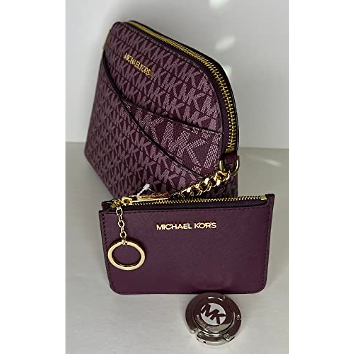 Michael Kors Jet Set Travel MD Dome XCross Crossbody bundled with SM TZ Coinpouch Purse Hook (Signature MK Bordeaux/Bordeaux)