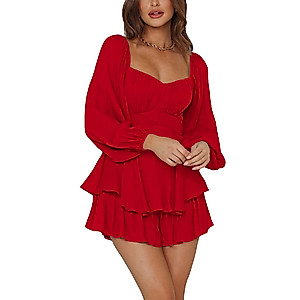 LYANER Women's Jumpsuit Lantern Long Sleeve Ruffle Layer Tie Mini Short Romper Red Medium