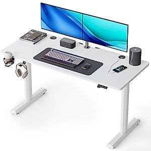 FEZIBO Height Adjustable Electric Standing Desk, 55 x 24 Inches Stand up Table, Sit Stand Home Office Desk with Splice Board, White