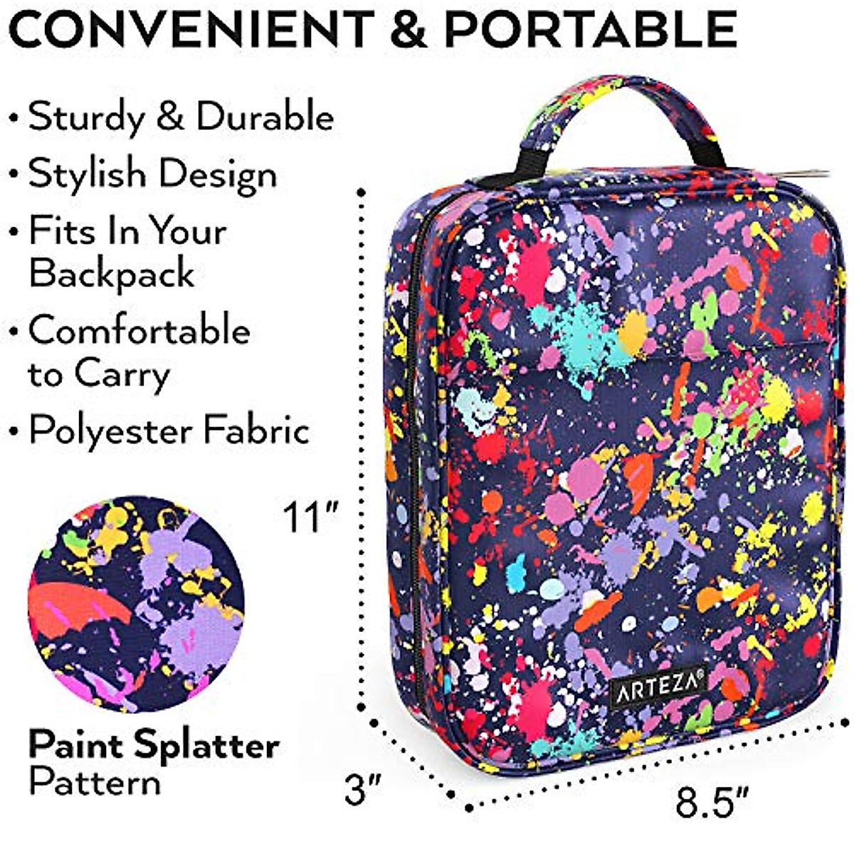 ARTEZA Pencil Case Organizer, 64 Elastic Slots, Paint Splatter Pattern, Large Capacity, Holds Up to 205 Pencils, Pens, and Markers