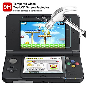 Screen Protector Compatible Nintendo New 3DS, AFUNTA 2 Pack (4 Pcs) Tempered Glass for Top Screen and HD Clear PET Film for Bottom Screen Accessory