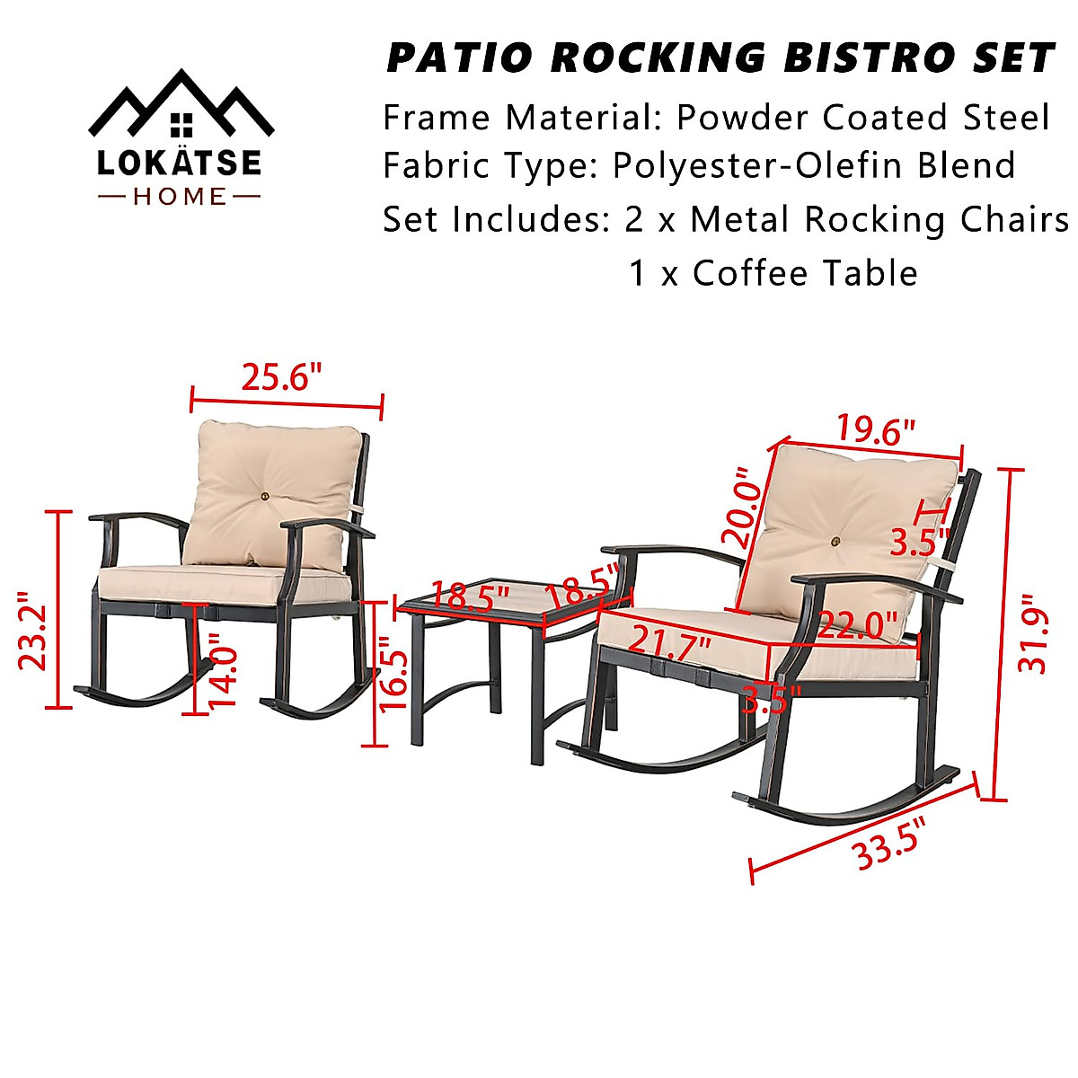 LOKATSE HOME 3 PCS Patio Bistro Furniture Outdoor Wicker Rocking Chairs Sets Armchairs with Cushion and Metal Coffee Table for Backyard Deck Lawn Garden, Khaki