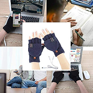 Women's & Men's USB Heated Gloves Knitting Hands Full & Half Heated Fingerless Heating Warmer with Button Washable Design, Mitten Winter Hands Warm Laptop Gloves (Navy)