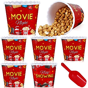 Roshtia 6 Pieces Plastic Popcorn Containers Reusable 75 oz Popcorn Bowl with Popcorn Scoop Retro Style Popcorn Boxes Red Popcorn Plastic Scoop Set for Movie Theater Night (Movie)