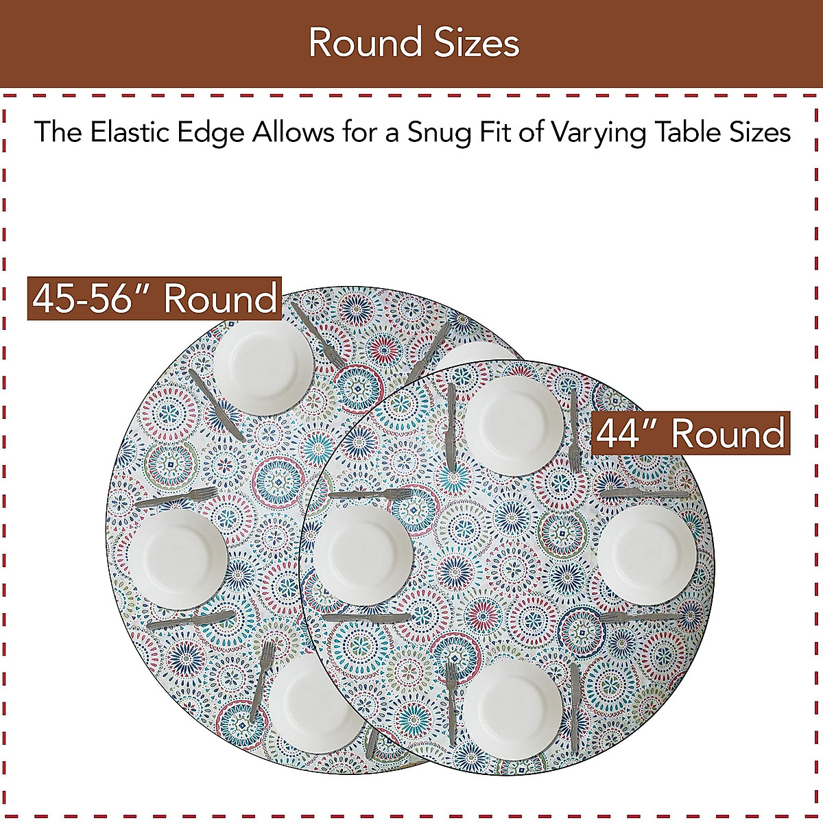 Covers For The Home Elastic Edged Flannel Backed Vinyl Fitted Table Cover - Multi-Color Geometric Pattern - Large Round - Fits Tables up to 45″ - 56” Diameter