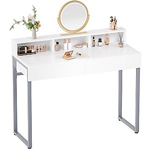 GreenForest Vanity Desk with 2 Drawers, White Makeup Desk with 3 Storage Spaces, 31.5 inch Small Desk with Silver Metal Legs, Modern Home Office Desk for Kids, Bedroom (No Mirror)