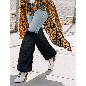 Zecmos womens Leg Warmers Faux Fur Fuzzy Long Cuff Cover Warm Furry Costume Shoes, Black, Medium