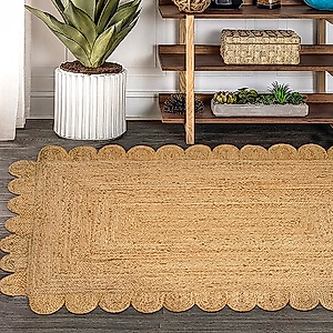 GRUHUM Scalloped Jute Area Rug 4&#039;x6&#039; ft Natural Fibre Rectangular Handwoven Boho Reversible Farmhouse Soft Braided Rustic Vintage Rug Indoor Outdoor Livingroom Bedroom Kitchen Hallways Enterways