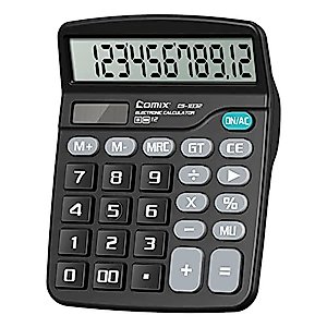 Comix Desktop Calculator 12 Digit with Large LCD Display and Big Button, 12 Digits Baisc Calculator, Solar Battery Dual Powered, for Office Home School C-1832 (Black)