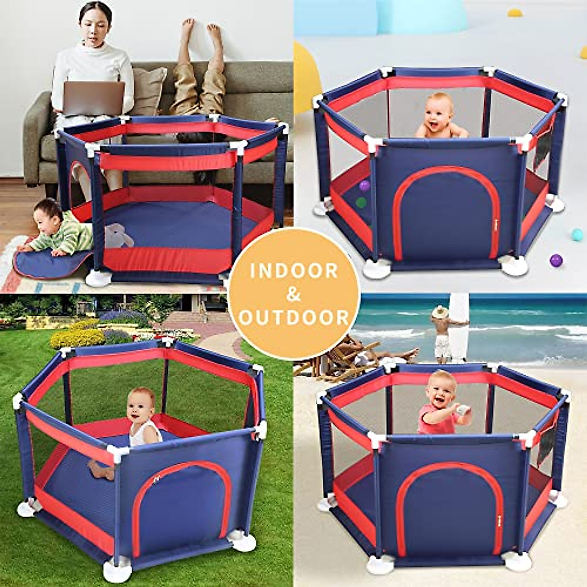 GrowthPic Baby Playpen, Playard for Baby - Safety Play Pen for Infant and Baby, with Sturdy Bases, Anti-Skid Pads, Lightweight, Navy Blue, 6-Panel