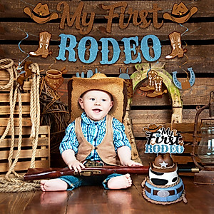 NO-DIY Cowboy Birthday Decorations, Cowboy First Rodeo Birthday Party Decorations Boy, My First Rodeo Birthday Party Supplies Boy Includes 2 Banner 1 Cake Topper 8 Hanging Swirls for Baby Shower