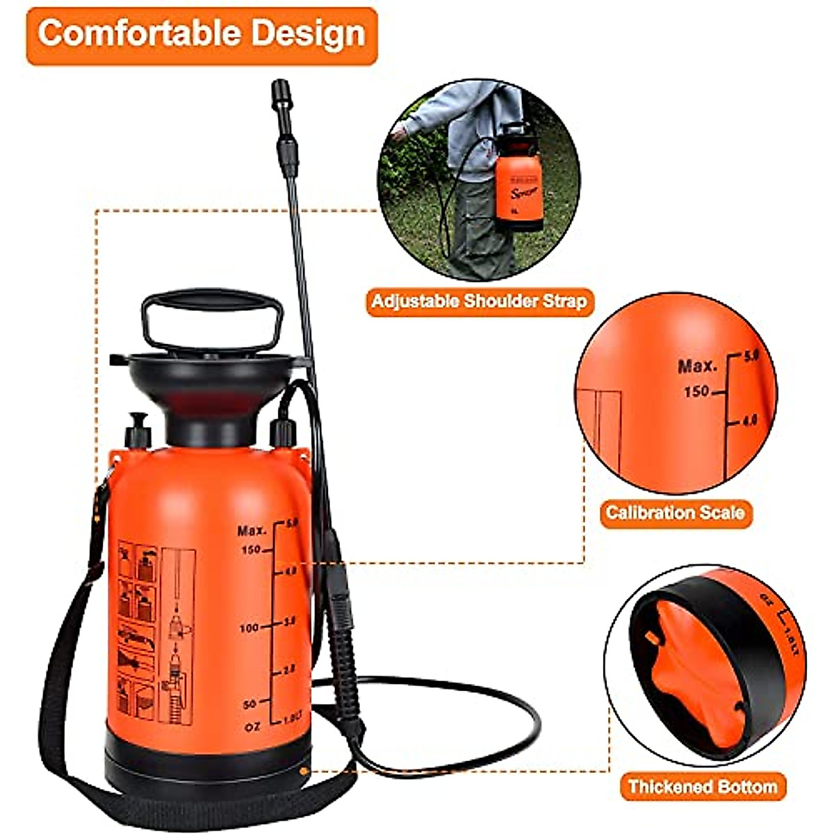 iPower 1.35 Gallon Lawn Garden Pump Sprayer Adjustable Shoulder Strap, Pressure Relief Valve, with 6.5 Inch Hand Pruner Combo, Stainless Steel Blades, Spray Bottle & Yellow, Yellow