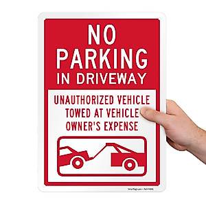SmartSign 14 x 10 inch “No Parking In Driveway Unauthorized Vehicles Towed” Metal Sign, 40 mil Laminated Rustproof Aluminium, White and Red, Made in USA